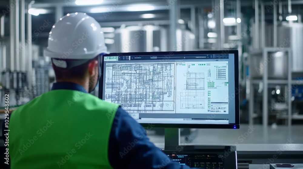 Engineering project overview: An engineer interacts with detailed ...