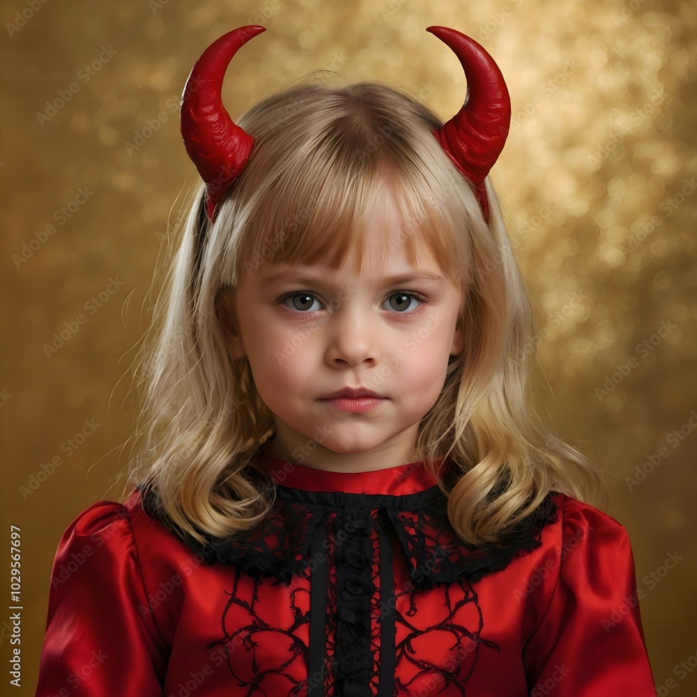 Portrait of angry blonde girl dressed in devil clothes, gold background ...