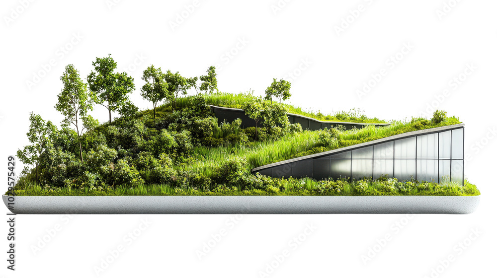 Innovative landscape design featuring a modern building integrated with ...