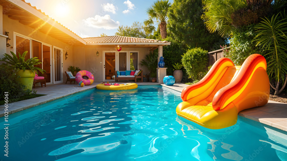 A cozy backyard swimming pool with inflatable toys and a small water ...
