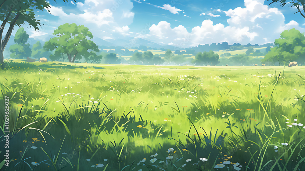 2d illustration of grass field scene background Stock Illustration ...