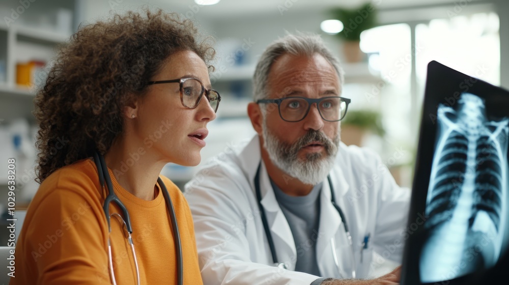 Two doctors collaborate closely while analyzing a patient's chest X-ray ...