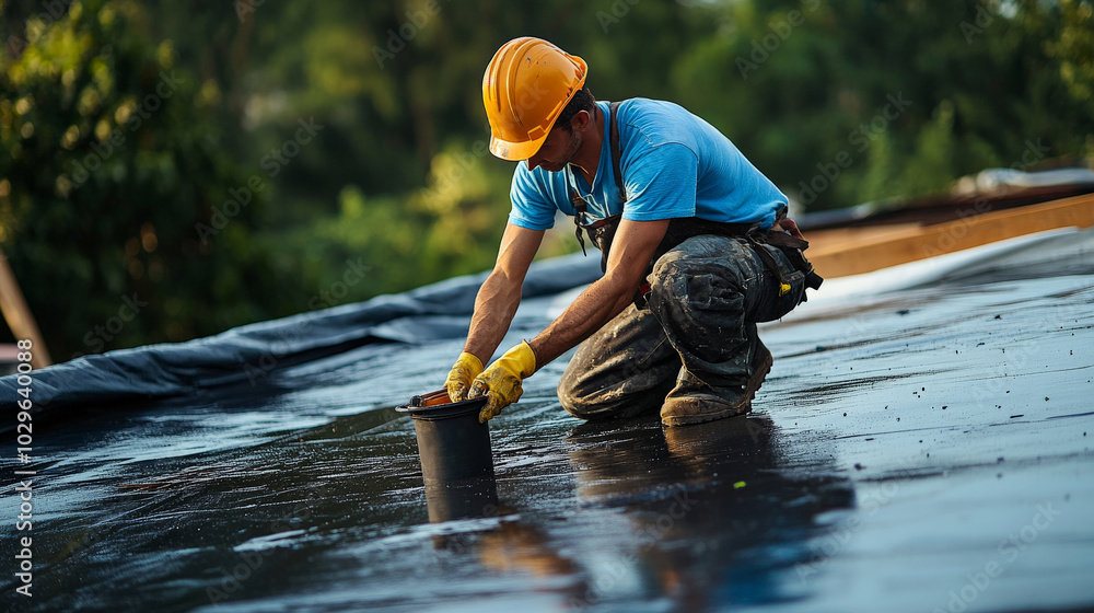 worker applying waterproof membrane to roof, showcasing dedication and ...