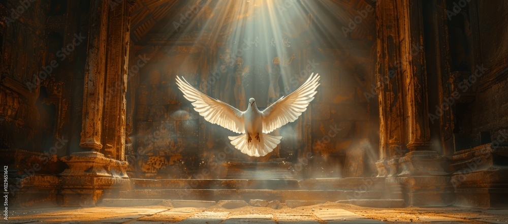 White Dove Flying in Dark Ancient Temple with God Rays of Light Stock ...
