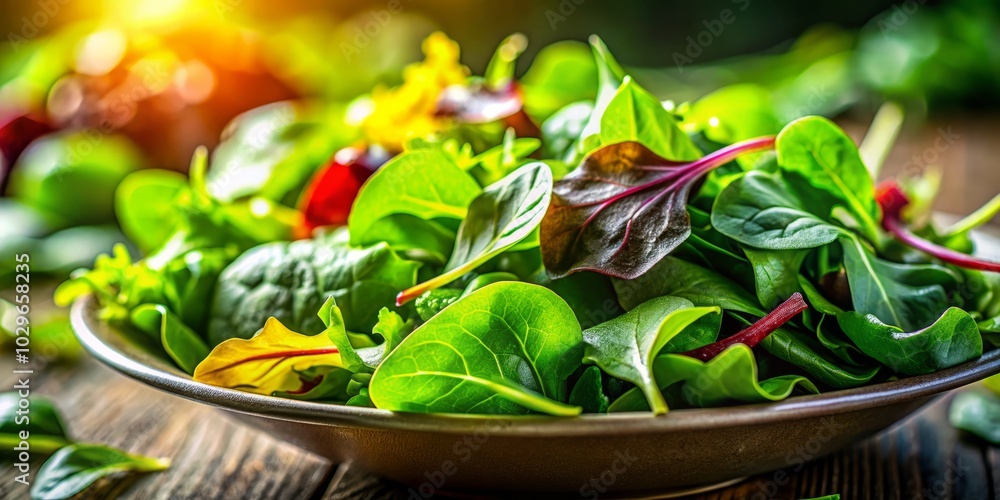 Lush green leafy salad captured up close, revealing vibrant textures ...