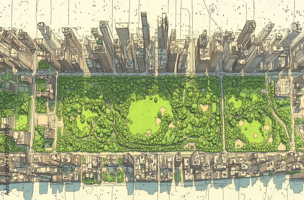 Cartoon drawing doodle map of Manhattan, New York City, NYC, top-down ...