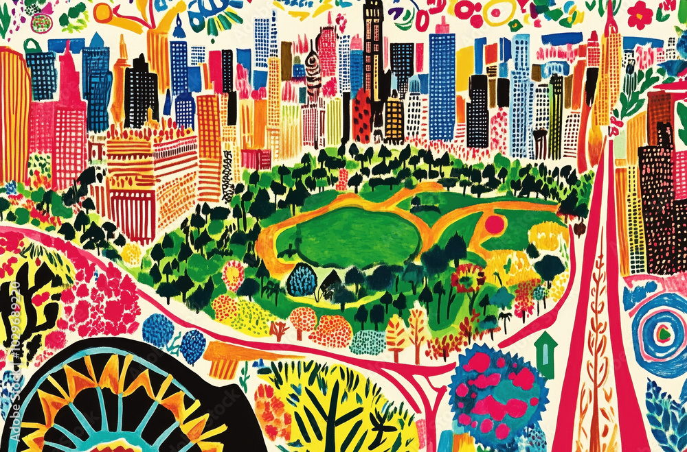 Cartoon drawing doodle map of Manhattan, New York City, NYC, top-down ...