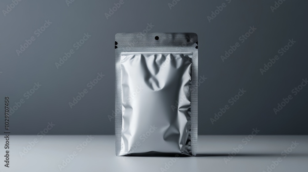 Photorealistic silver stand-up pouch, ziplock detail, clean gray ...