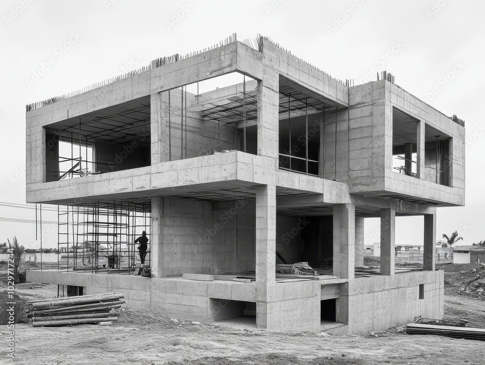 2408 50.A two-story villa in the midst of construction, with the walls ...