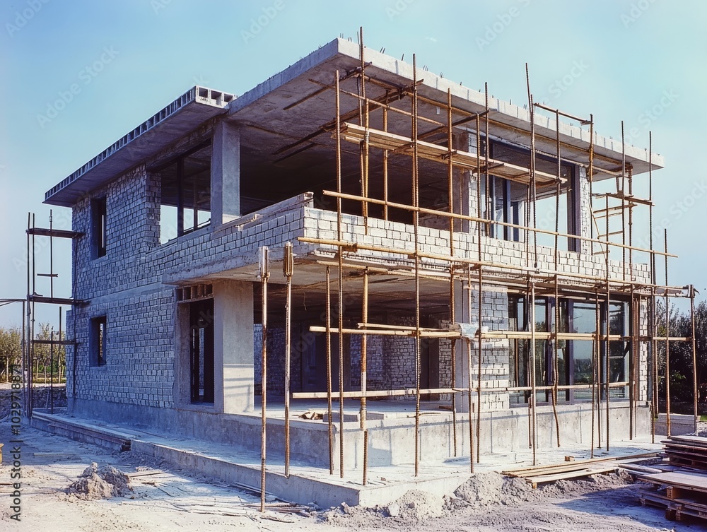 2408 46.A two-story house under construction, with concrete blocks and ...