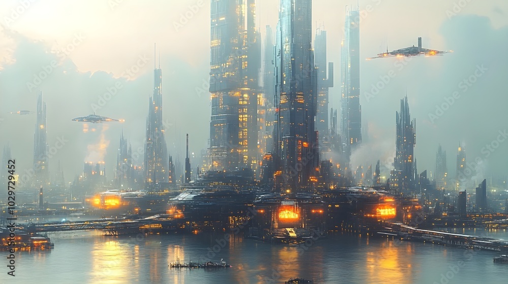 Retro-futuristic city with towering buildings, street art and graffiti ...