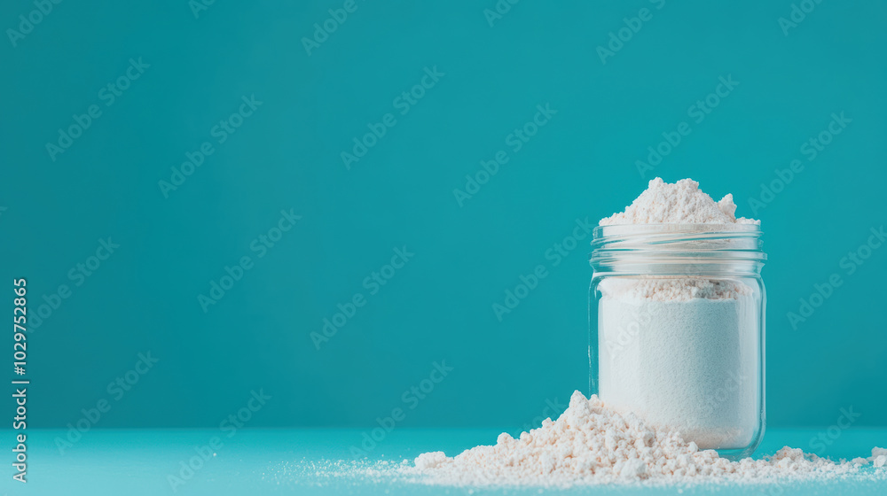 jar filled with white protein powder sits on vibrant turquoise ...