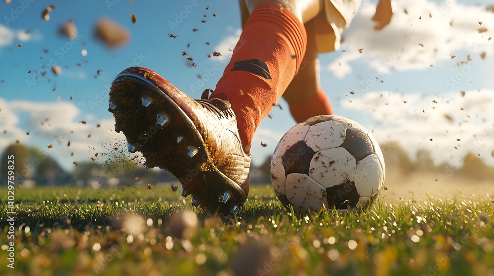 Foto de Stock Soccer boot kicking a ball, side view, detailed texture ...