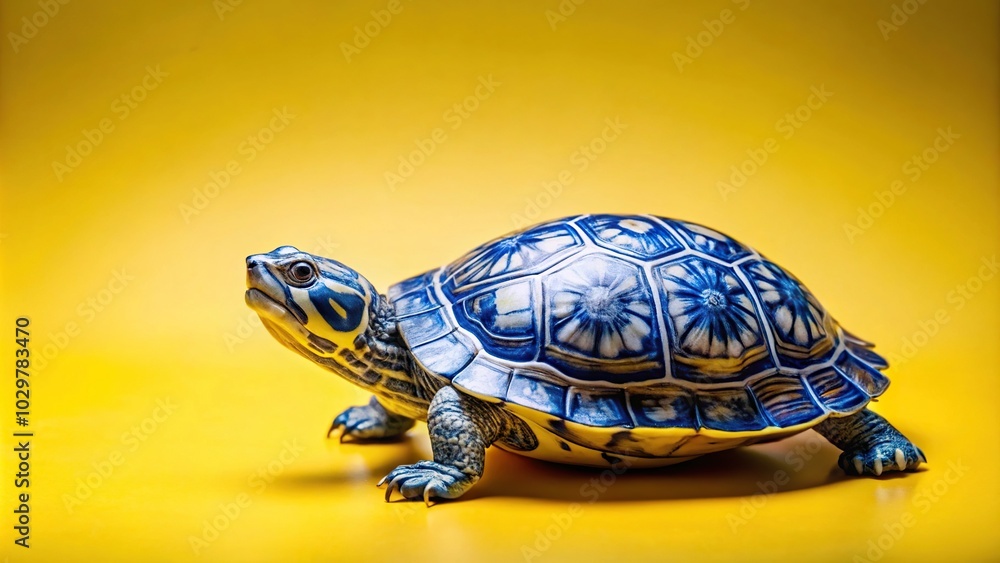 Turtle with Delftware floral decoration art tortoise against yellow ...