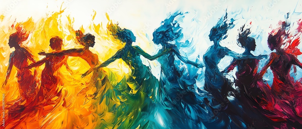 Vibrant abstract art featuring diverse figures in motion, overlapping ...