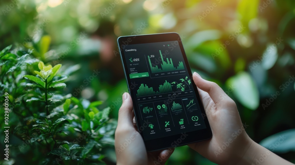 A close-up of hands holding a digital device displaying a carbon ...