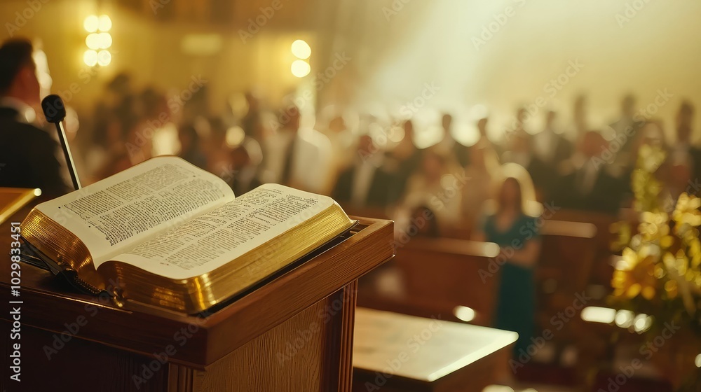 Dynamic Worship Scene with Open Bible on Lectern Stock Illustration ...
