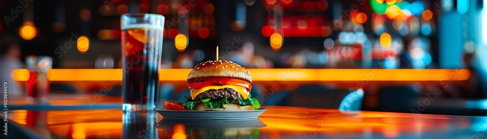 Retro diner booth with a perfectly styled burger, chrome table, and ...