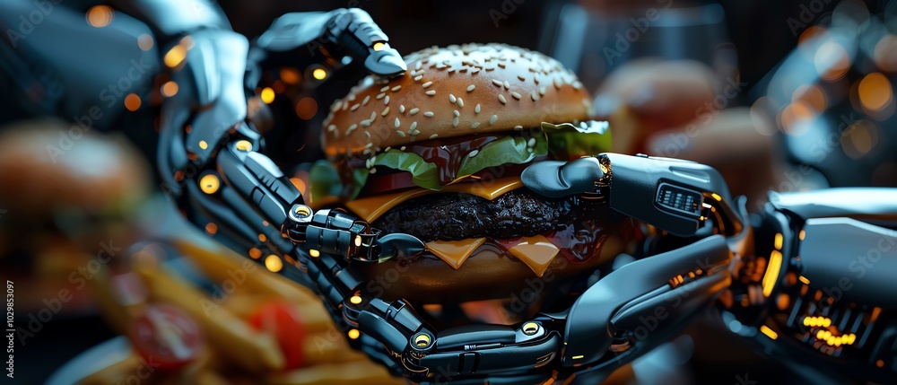 Burger robot assembling a perfect burger, mechanical arms, cyberpunk ...