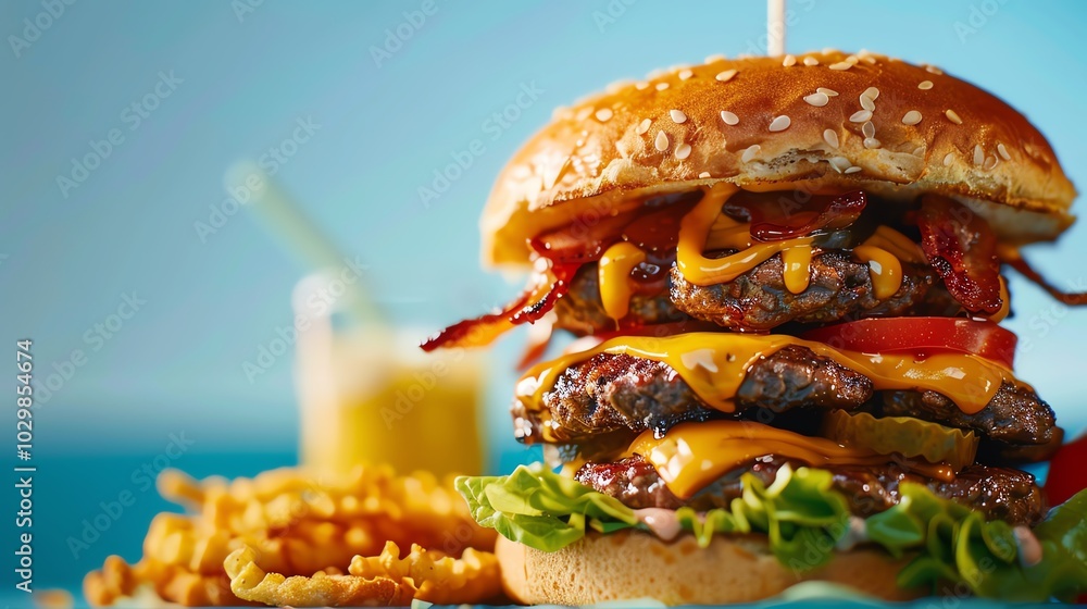 Vintage-style burger with a retro 1950s diner backdrop, served with ...