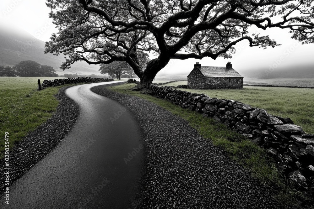 Dark forest path winding through misty fields, with a stone cottage ...