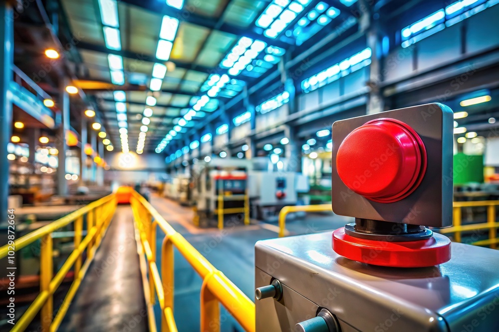 Bright Red Emergency Stop Button in Industrial Factory Interior ...