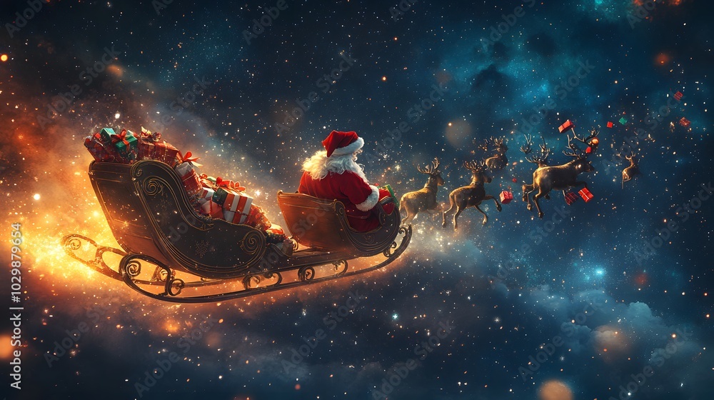 Santa Claus flying across a starry night sky in his sleigh Stock Photo ...