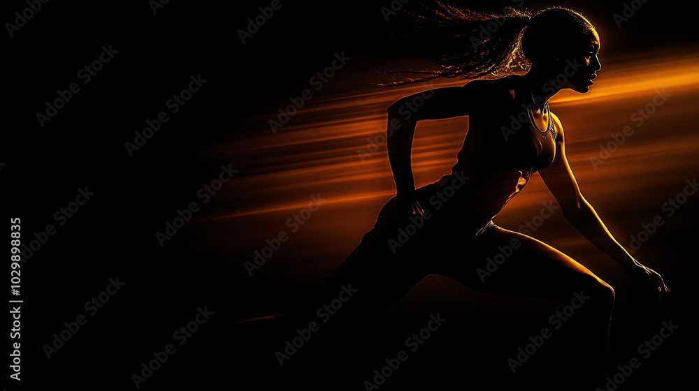 Female sprinter captured in mid-stride, leaving the starting blocks ...