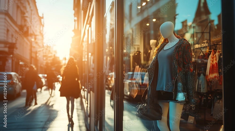 stylish boutique storefront with mannequins in the window display ...
