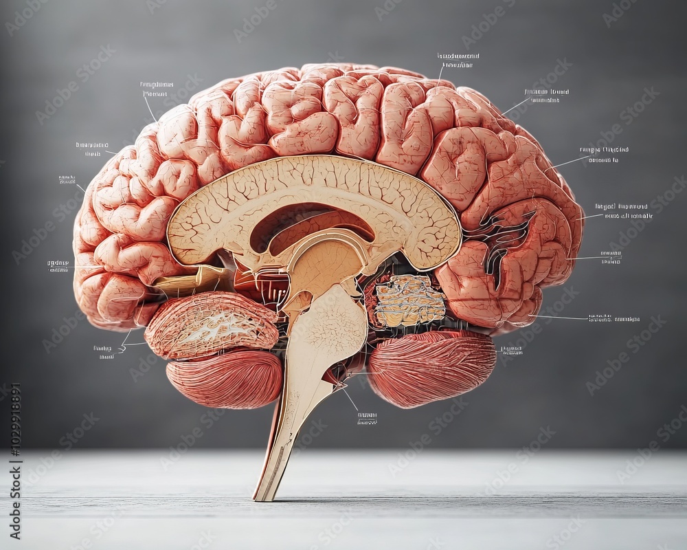 Anatomical model of human brain with cross section and labeled parts ...