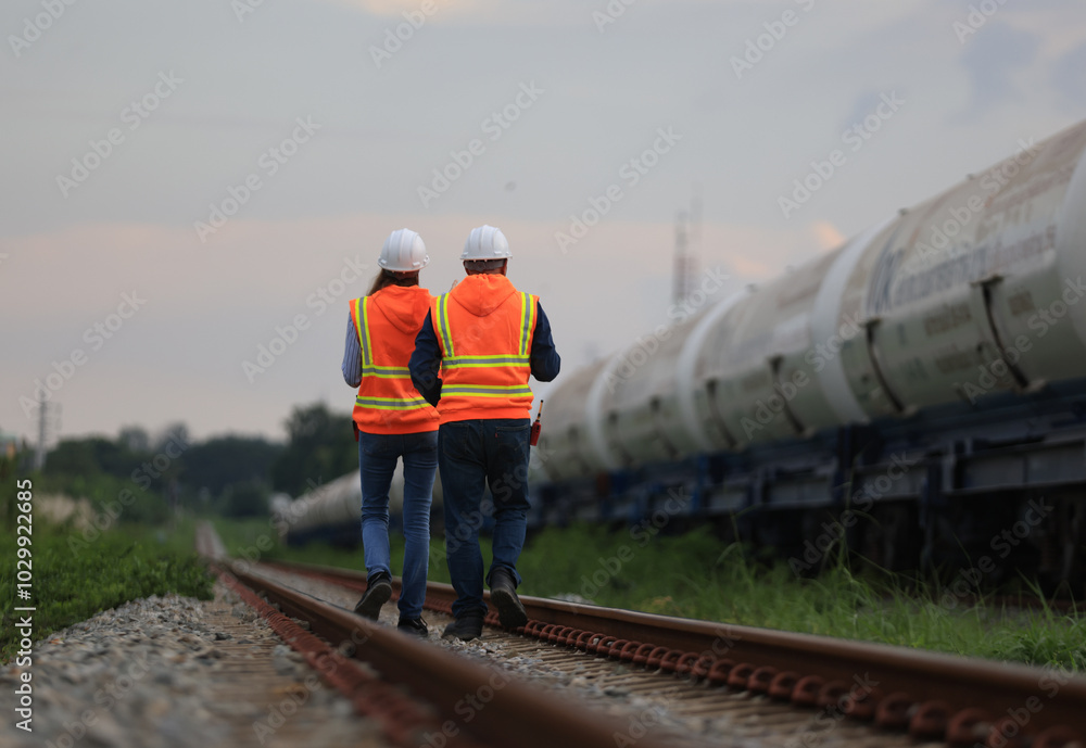 Senior male and female railway engineers are inspecting the railroad ...