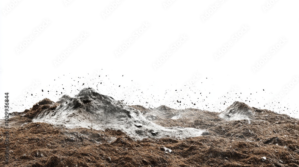 2410_008.dry peat soil heaps, scattered particles, white backdrop ...