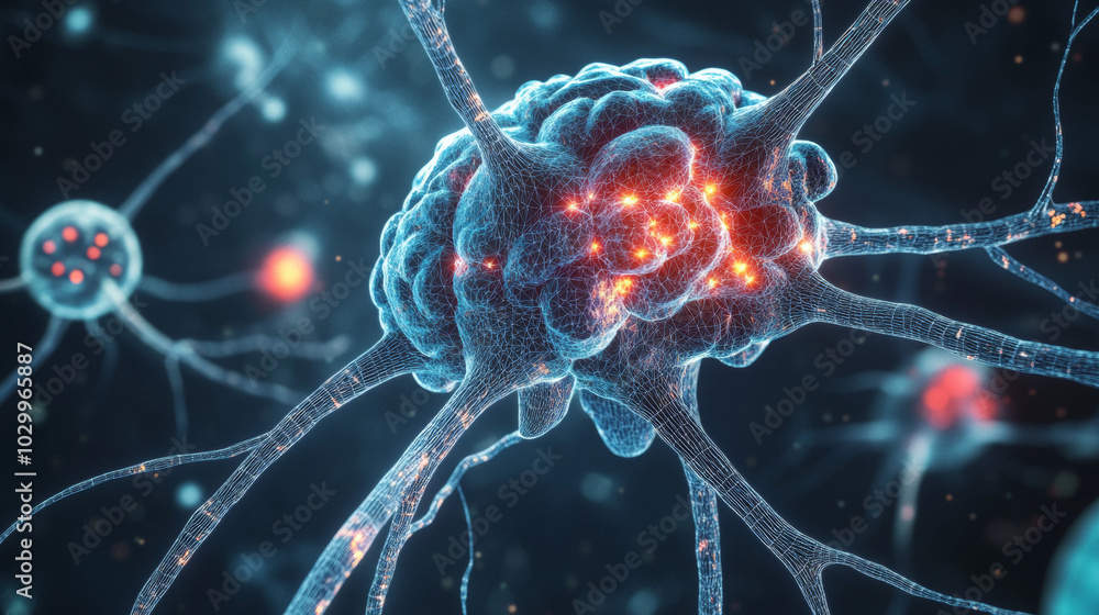 A simplified 3D image of a human brain cell, showing its basic ...