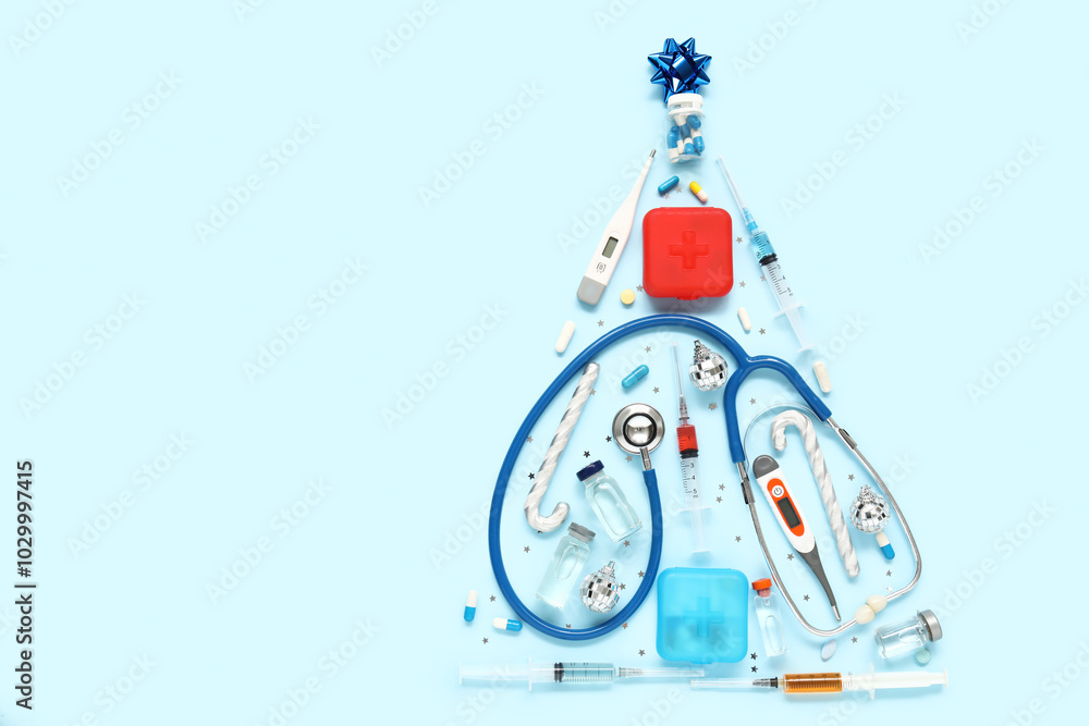 Christmas tree made of medical supplies, medicines and decorations on ...