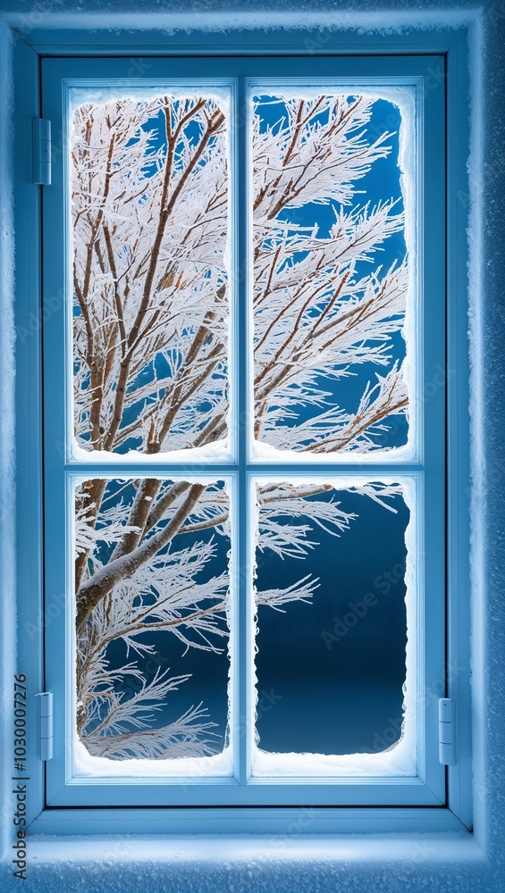 Blue icy window with frosted branches background for invitation or card ...