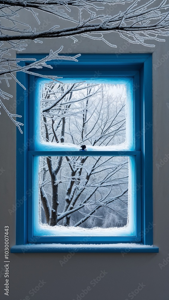 Blue icy window with frosted branches background for invitation or card ...