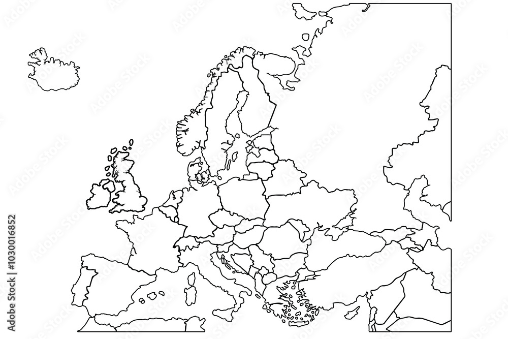 Outline map of Europe white background. Vector map with contour.world ...