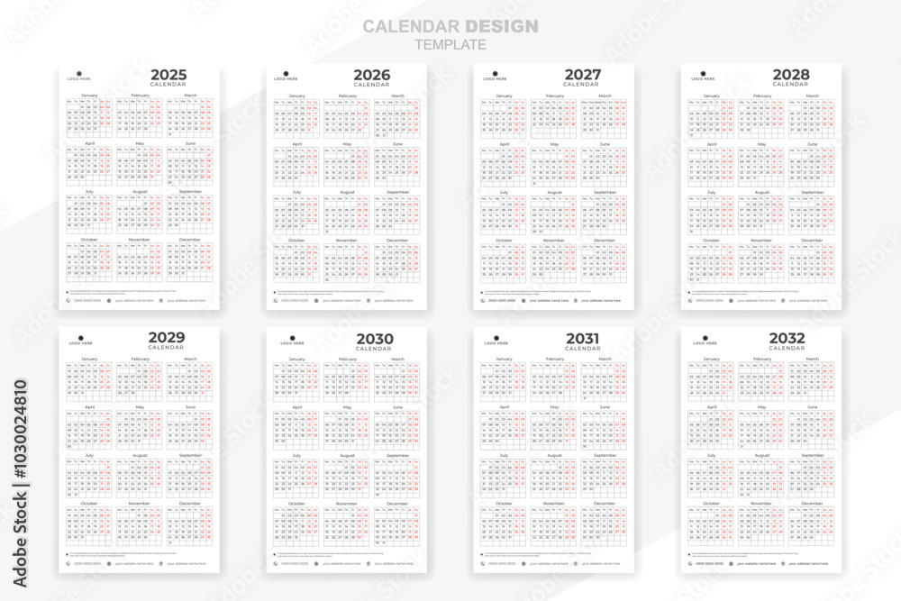 Calendar set collection 2025, 2026, 2027, 2028, 2029, 2030 years ...