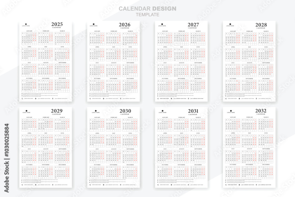 Simple calendar 2025, 2026, 2027,2028, 2029, 2030, 2031, 2032 set collection vector background ...