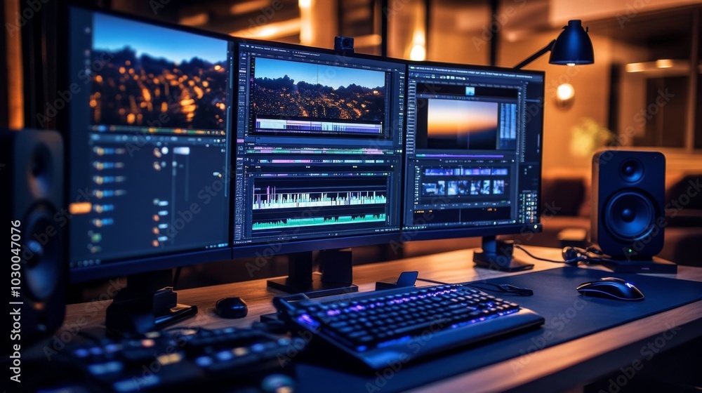 Professional Workspace with Three Monitors Showing Video Editing ...