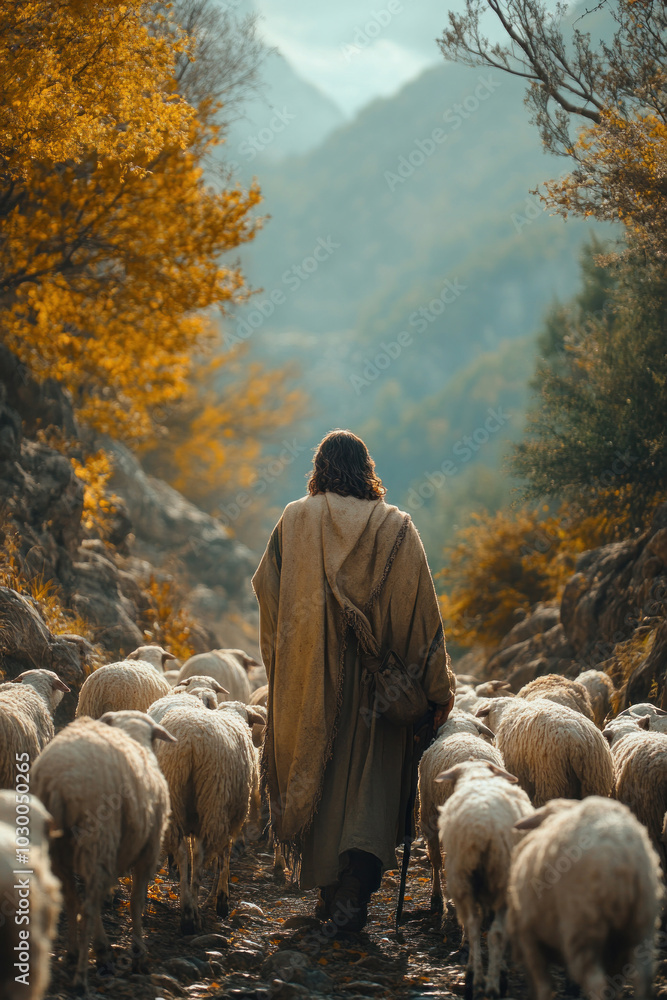 Jesus the Shepherd guiding his flock through a valley, with mountains ...