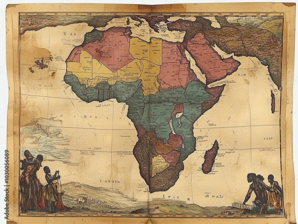 Vintage sepia-toned map of Africa with countries, capitals, major ...