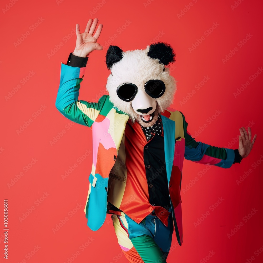 Freak in panda mask dancing, masquerade, absurd carnival, having fun in ...