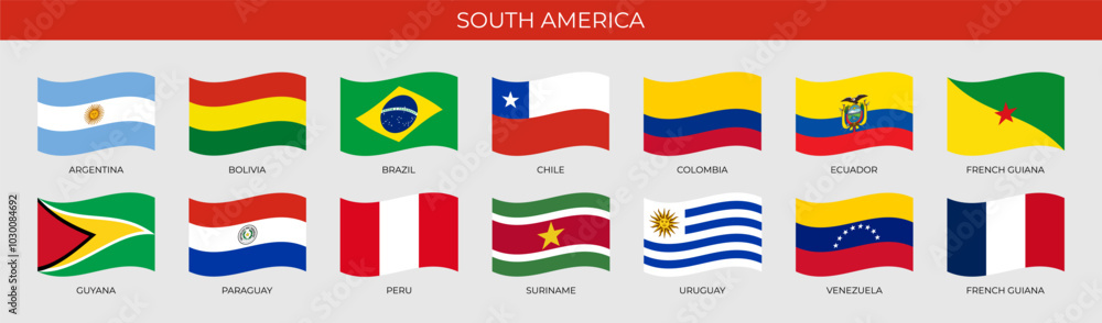 Stock-Vektorgrafik „A set of wave-shaped flags of South American ...