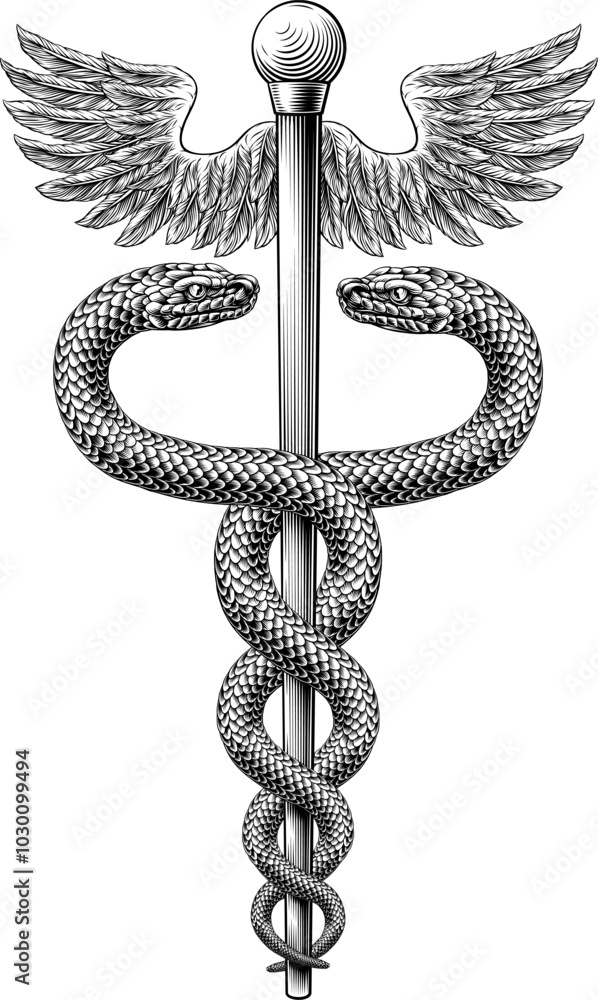 Caduceus staff of Hermes medical or commerce symbol. Snakes around a ...