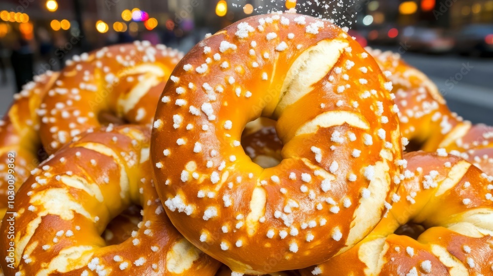 Soft pretzels being salted under city lights at a busy street corner ...