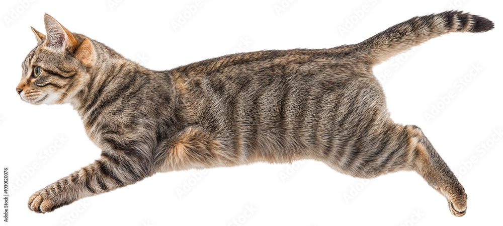 Dynamic tabby cat mid-leap in full extension, isolated on transparent ...