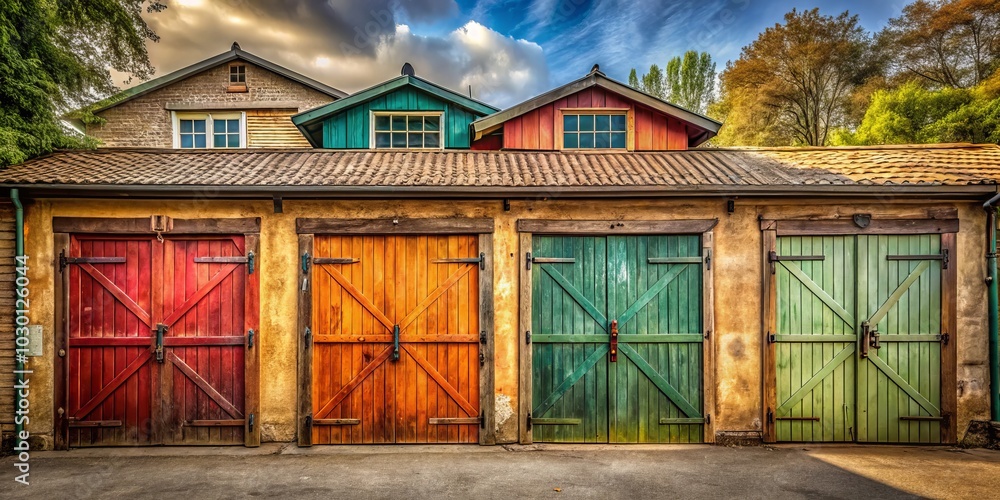 Vintage Style Photography of an Old Garage with Colorful Doors in a Row ...