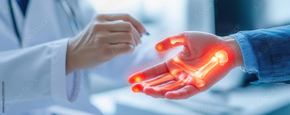 Medical professional examining a patient s hand, swollen joints ...