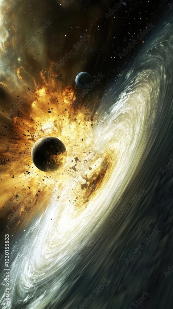 Energy wave from an explosion in outer space, with distant planets in ...